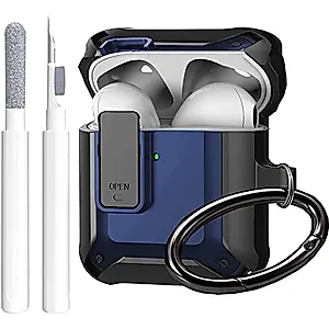 Airpods Case Cover Lock Clip Men with Cleaning Kit, GARTOO Armor Protective Cover with Cleaning Pen Compatible with Airpod 1/2 Case, Shockproof Rugged Shell for Air Pods Charging Case (Black/Blue)