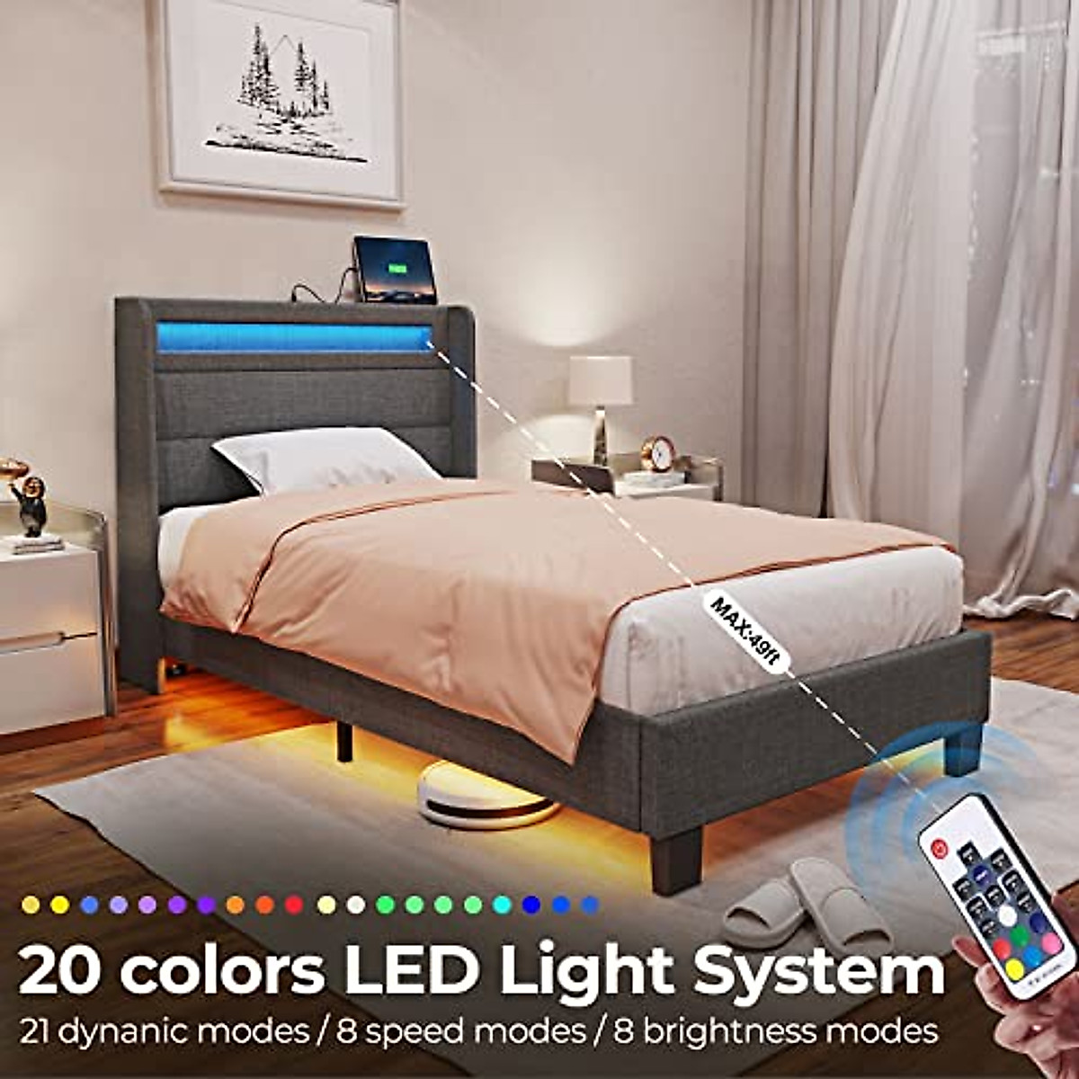 Rolanstar Bed Frame Twin Size with Headboard, Upholstered Platform Bed Frame Twin with LED Lights and USB Ports, Motion Activated Night Light & Solid Wood Slats, No Box Spring Needed, Dark Grey