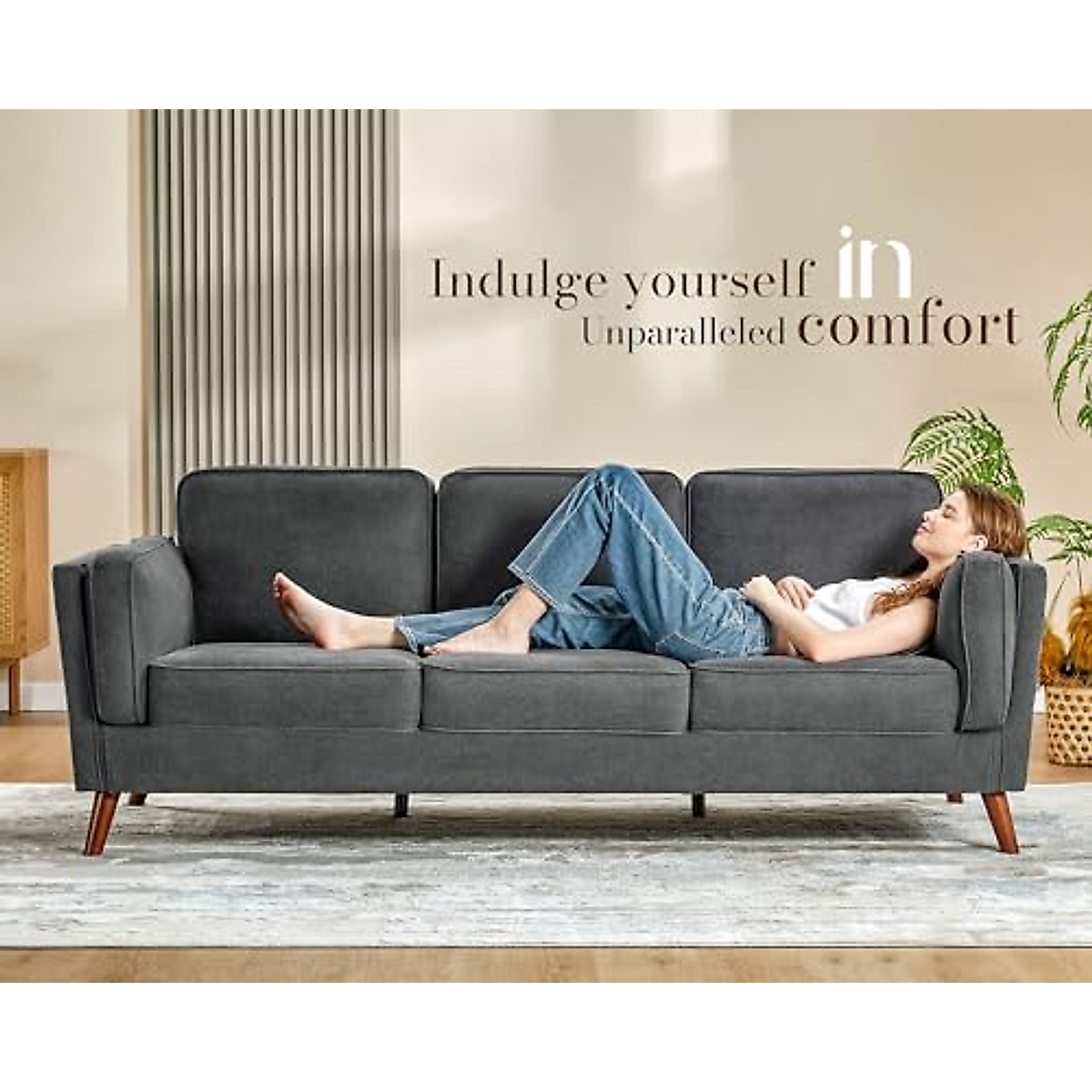 VanAcc Sofa, 87 inch Modern Sofa Couch with Embedded Arm Pillow- Deep Seat Sofa for Livingroom, Dark Grey