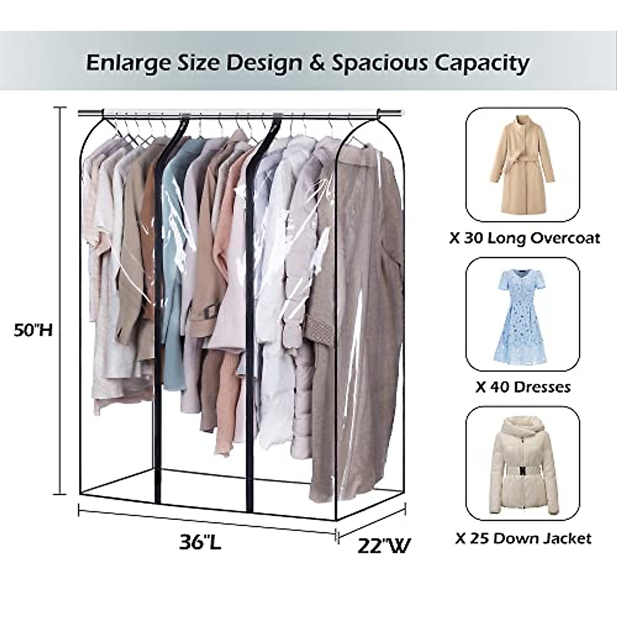 SLEEPING LAMB 50'' Extra Large Clear Hanging Garment Bags for Closet Storage Bottom Enclosed Garment Rack Cover Sealed Wardrobe Clothes Protector for Coats, Suits, Dresses （Not Including Frame）