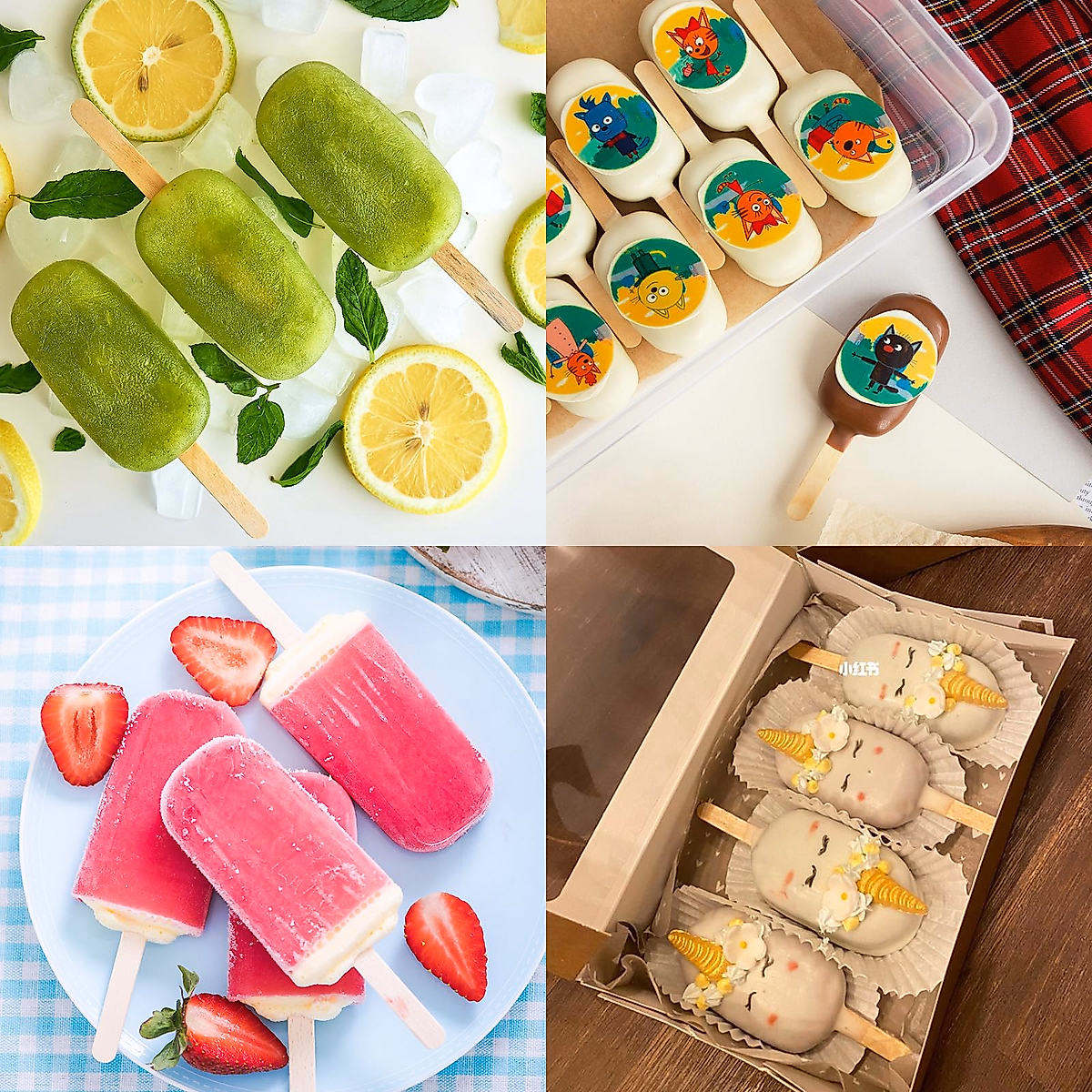 3 Set Popsicles Molds with Lids and 100 Pcs Wooden Popsicles Sticks, Standard Size 4 Cavities Silicone Ice Pop Molds for Making Cakesicles, Cake Pops, Ice Cream - BPA Free