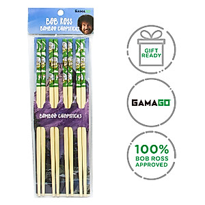 GAMAGO Bob Ross Bamboo Chopsticks Set - 4 Pairs of Adorably Cute Reusable Chop-sticks - Easy Grip, Lightweight, Durable, 9.25 Inches