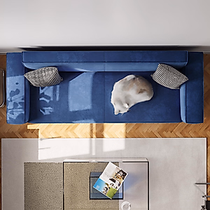 Yoglad 88.6" 3-Seater Modern Minimalist Sofa with Square Armrests, Oversized Seat Velvet Couch and 2 Pillows, Right Angles Geometry Loveseat Furniture for Living Room Small Apartment (Klein Blue)