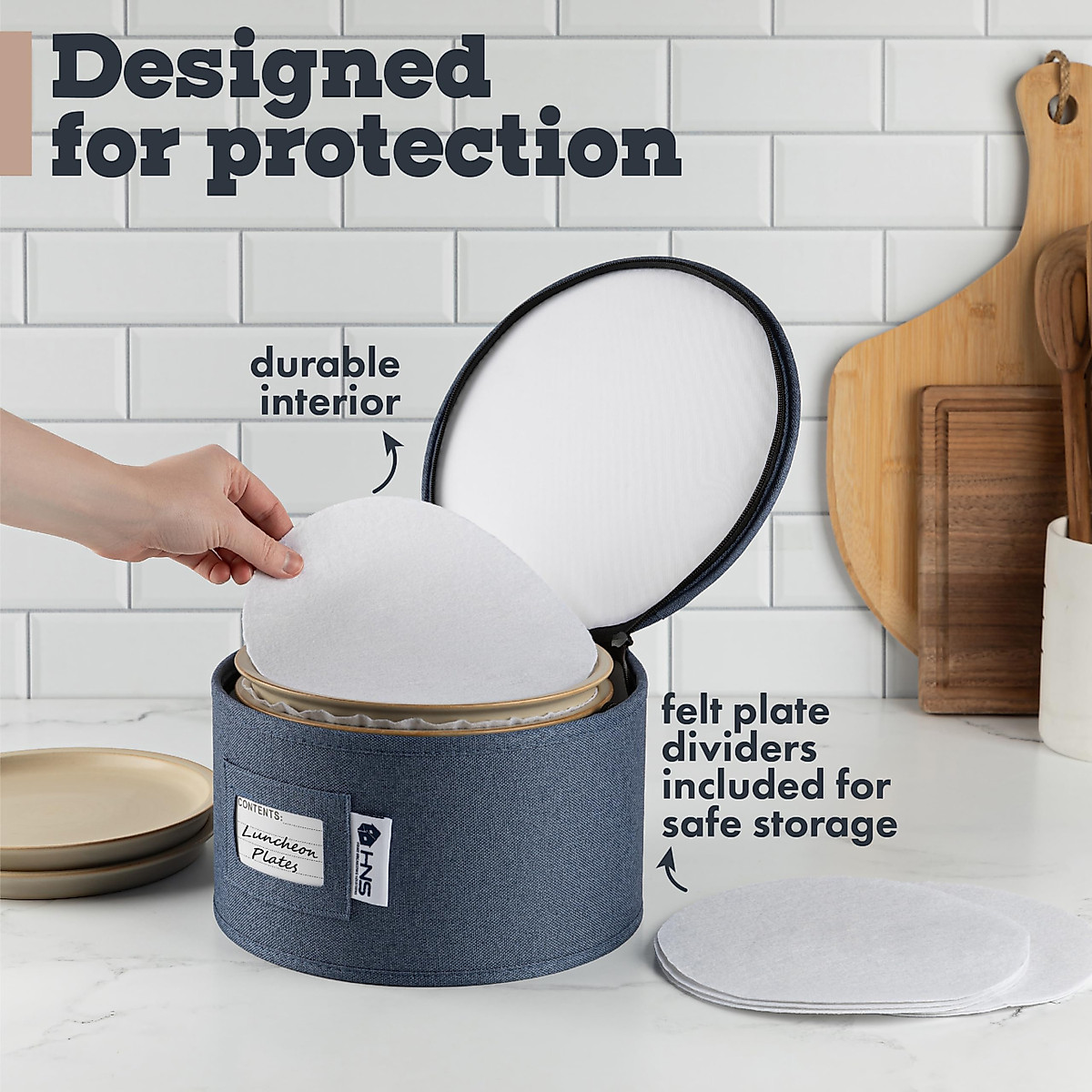 Hard Shell China Storage Containers 5-Piece Set Moving Boxes for Dinnerware, Glasses, Plates, Mugs and Saucers Sturdy Dish Organizer with Dividers for Seasonal Storage - Service for 12 - Denim Blue