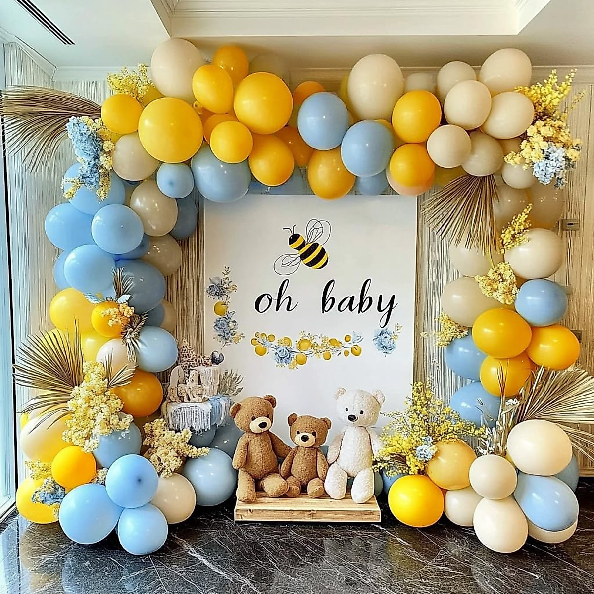 Blue Yellow Balloon Garland Double Stuffed Latex White Sand Balloons Dusty Blue Yellow White Balloon Arch Kit for Baby Shower Wedding Birthday Gender Reveal Party Decorations