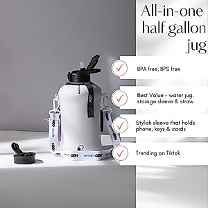 H2O Capsule 2.2L Half Gallon Water Bottle with Storage Sleeve and Covered Straw Lid – BPA Free Large Reusable Drink Container with Handle - Big Sports Jug, 2.2 Liter (74 Ounce) Canvas White