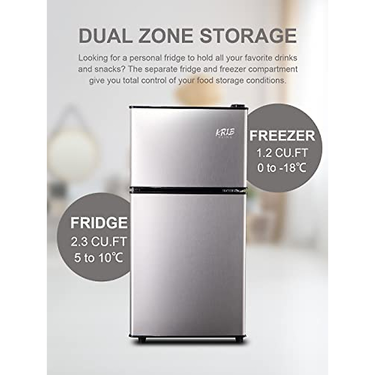 KRIB BLING Mini Fridge With Freezer,3.5 Cu. Ft Compact Refrigerator With 2 Doors,7- Level Adjustable Thermostat, Removable Glass Shelves For Bedroom, Office, Kitchen, Apartment, Dorm, Silver