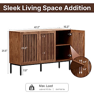 BVIUNTWO Storage Cabinet,47.2" Farmhouse Buffet Cabinet with Metal Base and Adjustable Shelves,Sideboard Coffee Bar Cabinet with 3 Doors for Kitchen,Dining Room,Living Room,Brown