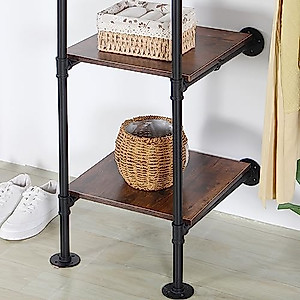 EDCB Wall Mounted Industrial Pipe Heavy Duty Clothes Rack, Clothing Rods for Hanging Clothes, Freestanding Clothing Rack with 2 Hang Rods & 4 Shelves, 72.8" W x 17.7" D x 71" H