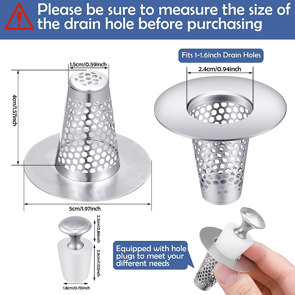 ProSuites 2PCS Bathroom Sink Drain Strainers fit Hole Size 1.2"-1.6" Stainless Steel Bathtub Hair Catcher Cone Shaped Water Drain with 2PCS Strainers Cover
