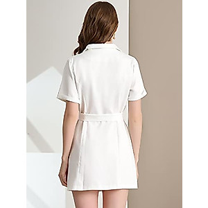 Allegra K Women's Notched Lapel Double Breasted Casual Work Office Belted Blazer Dress Medium White