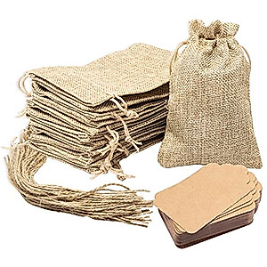 Burlap Gift Bags 4x6 Inch [50 pack]. Small Burlap Sack with Drawstring. Bulk of Burlap Pouches for Wedding favors, Party Favor, Gifts, Coffee, Jewelry, Crafts, Easter, Candy. Gift Tags included.
