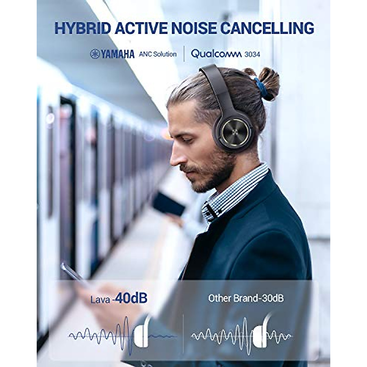 Cystereo Active Noise Cancelling Headphones with 40dB Noise Reduction, Wireless Bluetooth, 40H Playtime, aptX HD, Hi-Res Audio, Fast Charge, Deep Bass, Protein Earpads, 5 Built-in Mics, Black (Lava)