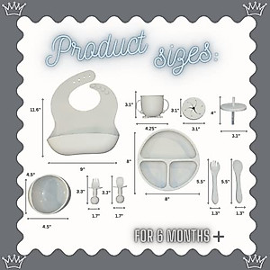 Baby Led Weaning 10 Piece Feeding Eating Supplies | Strong Suction Plate Silicone Cup Snack Lid Drink Lid with Straw Silicone Suction Bowl Bib Spoons Forks Baby Tableware Set 6MonthsToToddler(Grey)