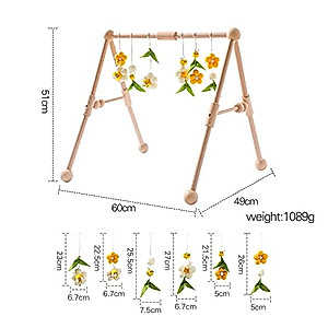 bopoobo Wooden Baby Play Gym Foldable Baby Play Gym Frame Activity Center Hanging Sensory Toys with 6 Soft Toys for Sensory Exploration and Motor Skill Development Gift for Newborn Baby