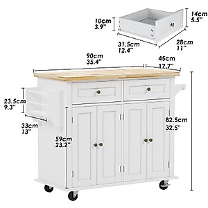sogesfurniture Rolling Kitchen Island with 2 Drawers and Adjustable Shelves, Kitchen Cart with Rubberwood Countertop, Spice Rack and Towel Holder, Kitchen Island Cart on Wheels with Storage, White