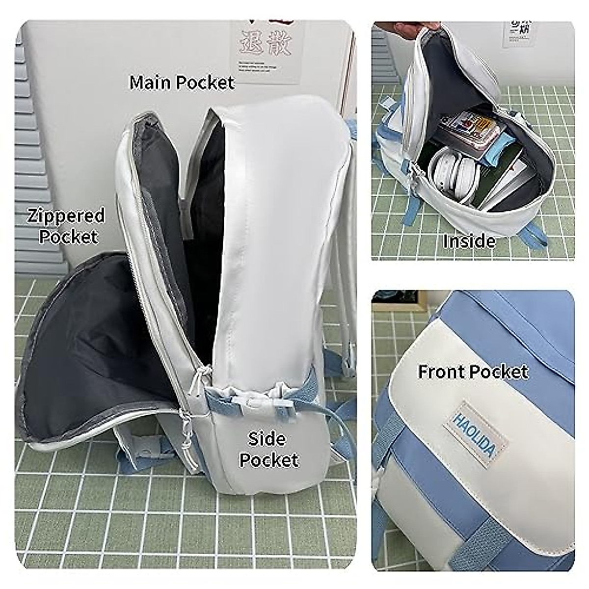 FORJMMP Aesthetic Backpack with Kawaii Accessories, Lightweight Casual Daypack for Women (White+Blue)