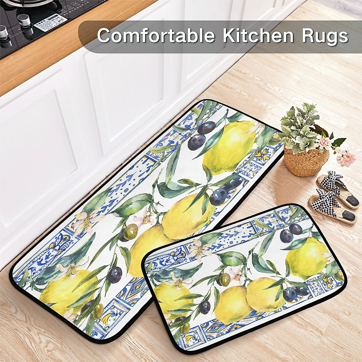 Washable Kitchen Rugs Set 2 Piece Watercolor Lemon Olive Branches Anti Fatigue Floor Mats Bathroom Carpet, 27"x19" and 47"x19"