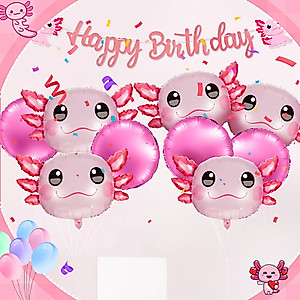 Trandraft 9 Pcs Axolotl Birthday Decorations Pink Inflatable Axolotl Party Supplies Include 4 Pcs Aluminum Foil Axolotl Balloons 4 Round Balloons and 1 Axolotl Happy Birthday Banner for Themed Party
