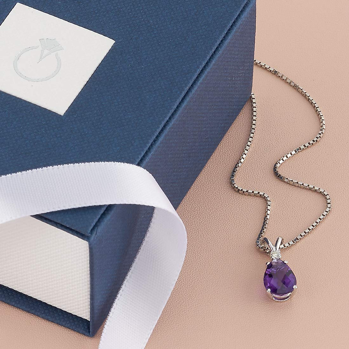 PEORA 14K White Gold Amethyst and Diamond Pendant for Women, Genuine Gemstone Birthstone Teardrop Solitaire, 1.60 Carats Pear Shape 10x7mm
