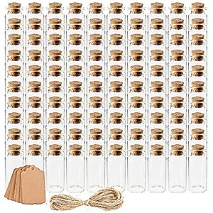 Kingrol 100 Pack 10ml Glass Bottles with Cork Stoppers, Mini Bottle with Personalized Label Tags and String for Arts Crafts Projects, Decoration, Party Favors