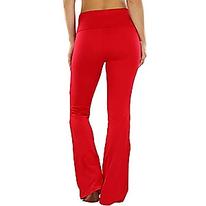 ToBeInStyle Women’s Premium Comfortable Cotton-Blend Fold Over Flared Yoga Pants Leggings - Ruby - Large