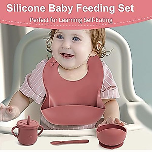 Silicone Baby Feeding Set, Baby Led Weaning Supplies with Suction Plate and Bowl, Toddler Plates and Bowls Set with Spoons Forks Sippy Cup Adjustable Bib, Eating Utensils