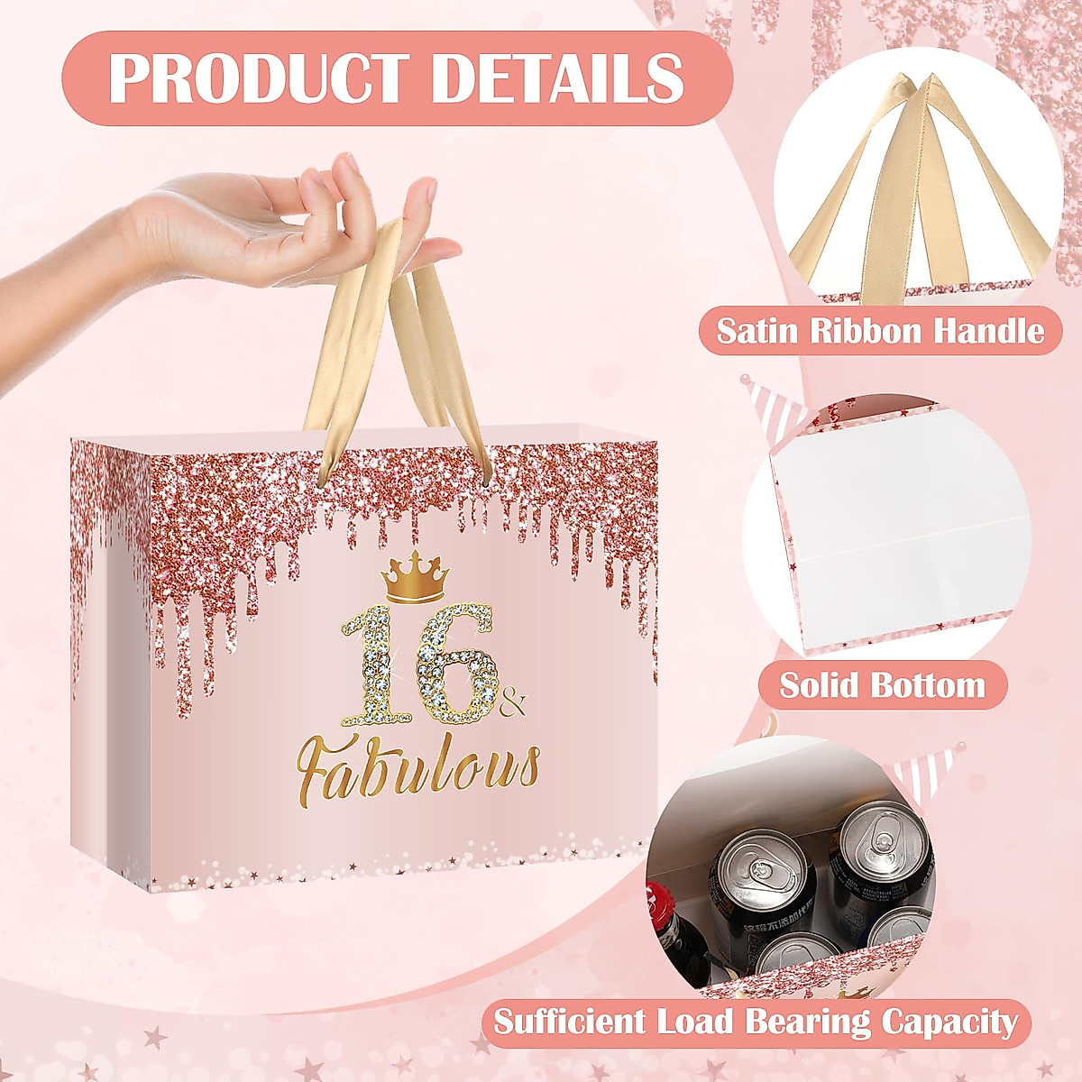 Yoirrat Rose Gold 16 & Fabulous 16th Birthday Gift Bag for Girls Large Pink Happy Sweet 16th Birthday Gift Bag with 16th Birthday Wrapping Paper Card for 16th Birthday Decorations Party Supplies