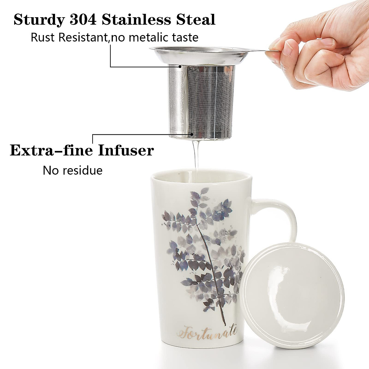 ZOOFOX Set of 2 Ceramic Tea Cup, 17 oz Large Ceramic Tea Steeping Mug with Filter and Lid, Tea Strainer Cup for Home and Office, Great Gift for Women