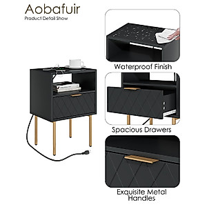 Aobafuir Nightstand with Charging Station, Drawer Dresser for Bedroom, Small Side Table with Drawer, Night Stand, End Table with Gold Frame for Bedroom, Living Room, Diamond Black