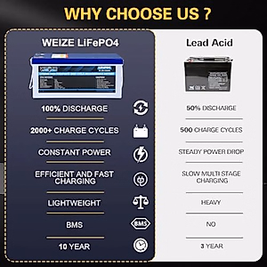 WEIZE 48V 100Ah LiFePO4 Lithium Battery, Built-in 100A Smart BMS, Up to 8000 Deep Cycles, Perfect for RV, Solar System, Marine, and Off Grid Applications