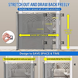 Retractable Baby Gate, Extra Wide Safety Kids or Pets Gate, 33” Tall, Extends to 55” Wide, Mesh Safety Dog Gate for Stairs, Indoor, Outdoor, Doorways, Hallways, Easy to Wipe(Grey)