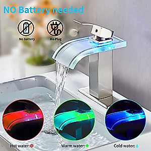 LOOPAN Waterfall Bathroom Faucet LED Light with Pop up Drain, 1 Hole Single Handle Bathroom Faucet Brushed Nickel with 3 Light Changing, Single Hole Deck Mounted Basin Tap Faucet