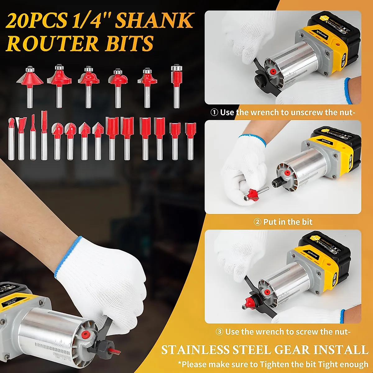 AwxryoX Cordless Router for Woodworking, 21V Router Tool with 2 x 4.0Ah Battery, Brushless Trim Router with20PCS 1/4" Bits, 6 Variable Speeds Compact Router Para Madera Kit for Dust Hood