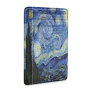 Linomo Thin leather Card Holder and Money Clip Van Gogh Starry Night Art Painting Wallet RFID Blocking for Men & Women