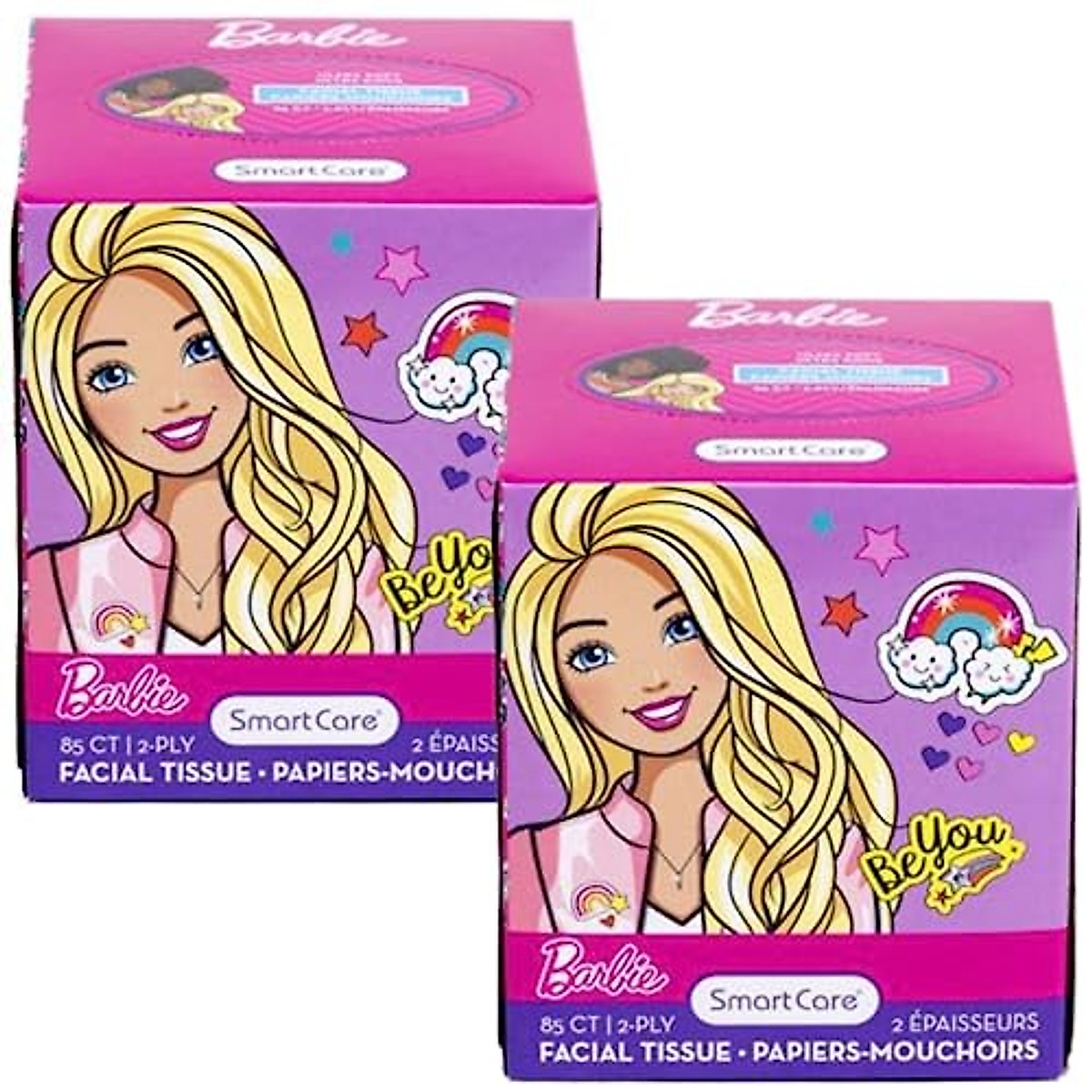 2 Pack Facial Tissue Barbie Be You 2-ply 74 Count Pink and Purple Boxes for Bathroom, Makup, Room, Back to School