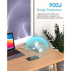 Power Strip Surge Protector - 6 Widely Outlets with 3 USB Ports (1 USB C), 3-Side Outlet Extender Strip with 5 Ft Extension Cord, Flat Plug, Wall Mount, Small Power Strip for Travel Office Dorm Home