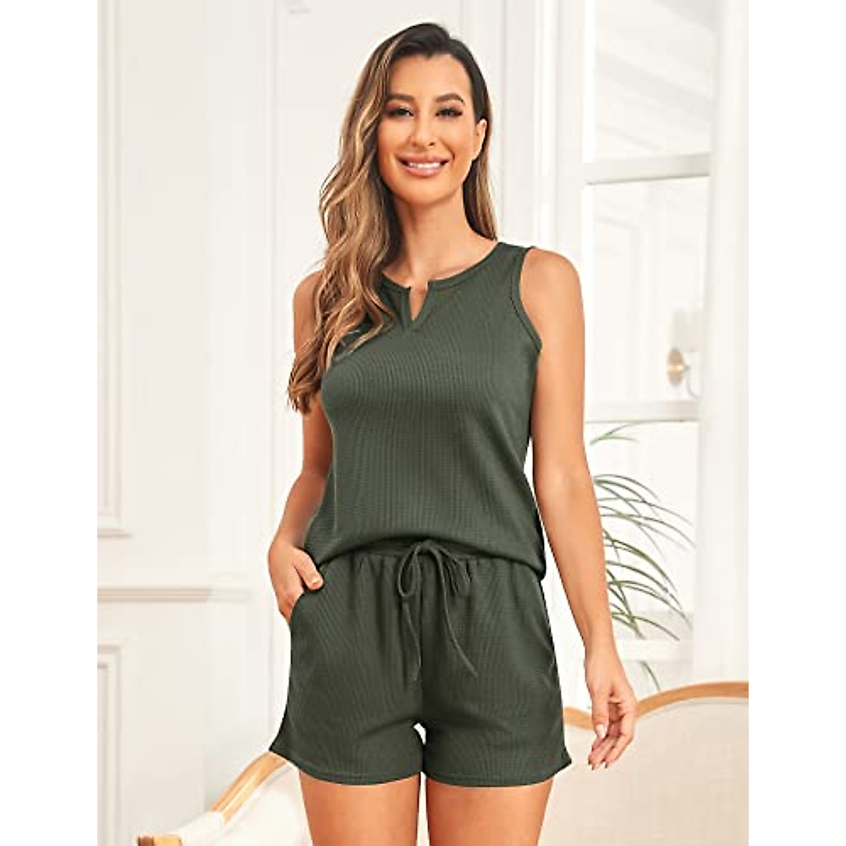 ANGGREK Women's Pajama Sets Sleeveless Tops and Shorts with Pockets 2 Piece PJ Sets for Loungewear Sleepwear,Army Green,X-Large