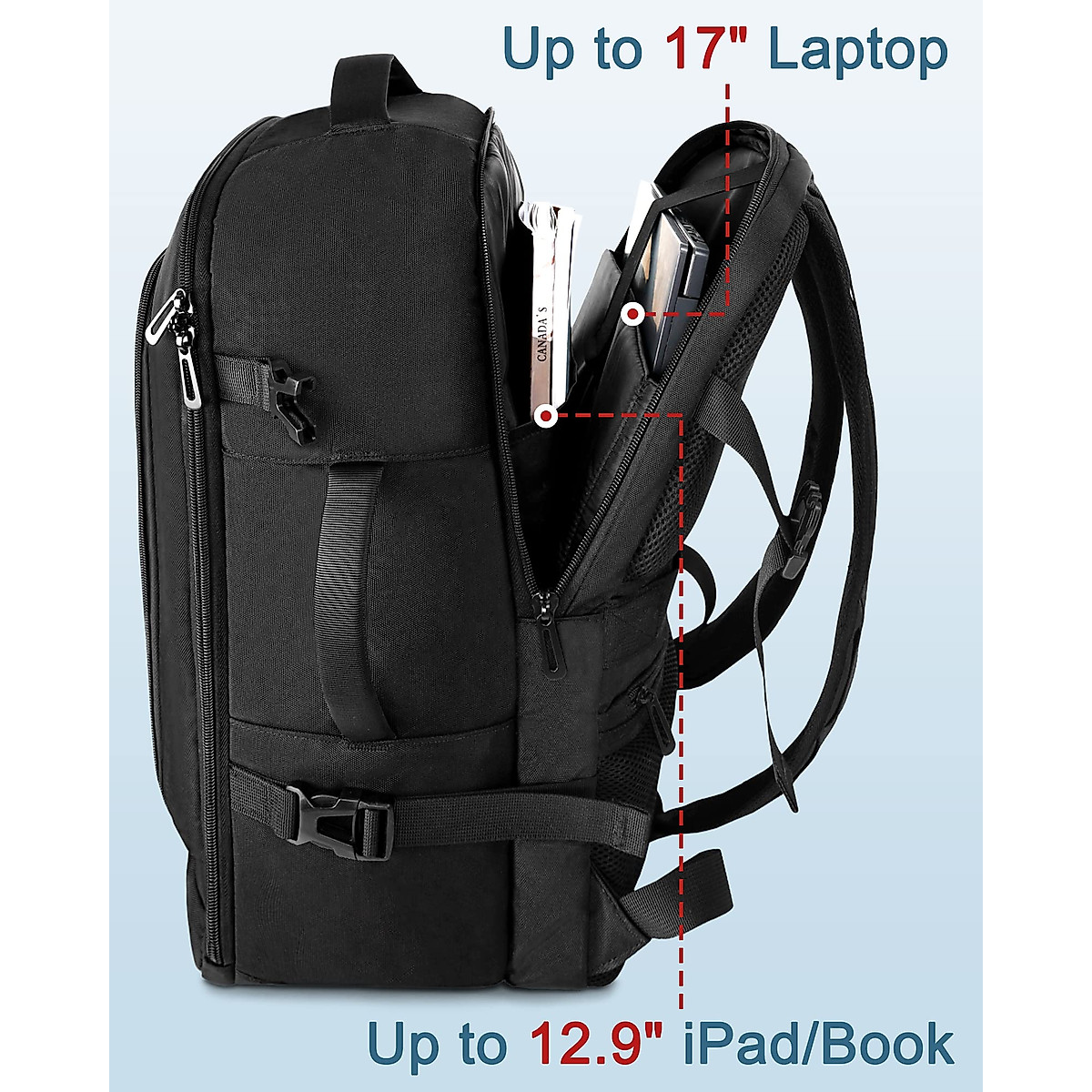 DEEGO Carry on Backpack, 40L Flight Approved Travel Backpack for Men Women, Extra Large International Travel Luggage Backpack Water Resistant Weekender Overnight Bag Daypack Fit 17 Inch Laptop, Black