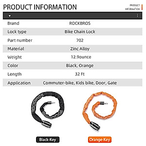 ROCKBROS Bike Lock Chain Bicycle Lock, Heavy Duty Anti Theft, 3 Ft Long, 5mm Thick Bike Chain Lock with Key Set, Cut Proof Security Scooter Lock Commuter Lock for Door, Gate, Fence, Grill
