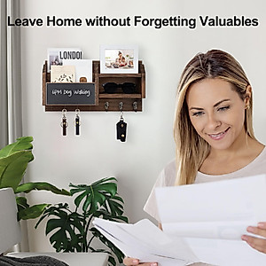 Lwenki Mail and Key Holder – Wall Mount Key Hanger with Shelf and 7 Metal Hooks – Decorative Natural Paulownia Wood Entryway Organizer with Mounting Hardware (16.5”W x 8.7”H x 3.5”D) (Brown)