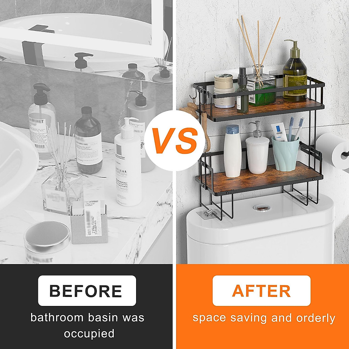 FLOLXNB 2 Tier Bathroom Storage Shelf, Wooden Toilet Shelf Organizer, Over The Toilet Storage Shelf,Toilet Storage Rack with Paper Holder and Hooks, No Drilling Wall Mounted Storage Rack, Black