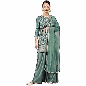 Janasya Indian Women's Mint Green Chinon Foil Print Kurta with Flared Palazzo and Dupatta(SET530-KR-PP-A-XXL)