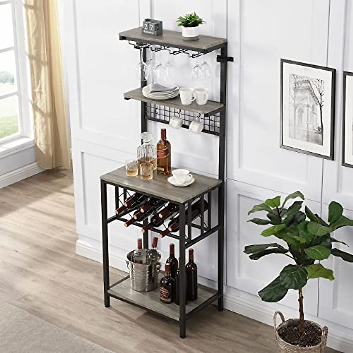 O&K FURNITURE Freestanding Wine Bar Cabinet with Glass Holder, Wine Rack Free Standing Floor, Multifunctinal Wine Cabinet Bar Furniture for Kitchen Dining Room (Gray Finsih)