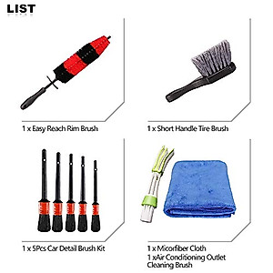 SPTA 9Pcs Wheel & Tire Brush Car Detailing kit, Easy Reach Wheel and Rim Brush, 5pcs Detailing Brushes, Short Handle Cleaning Brush, 1pc Microfiber Cleaning Cloth, Great to Clean Dirty Tires
