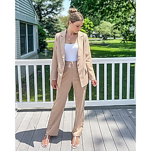 luvamia 2 Piece Outfits for Women Dressy Blazer Jackets High Waisted Straight Leg Pants Suits Set Business Casual Office Fall Outfits for Women Womens Fall Clothes Wide Leg Dress Pants for Women
