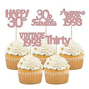 Gyufise 30Pcs Rose Gold Vintage 1993 Cupcake Toppers Glitter Number 30 Cheers to 30 Fabulous Thirty Cupcake Picks 30th Birthday Wedding Anniversary Party Cake Decorations Supplies