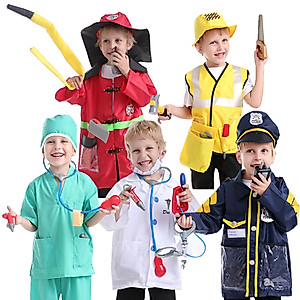 TopTie 5 Sets Halloween Kids Costumes, Dress Up Costumes with Storage Box for Age 3-7, Doctor Fireman Police Surgeon Worker