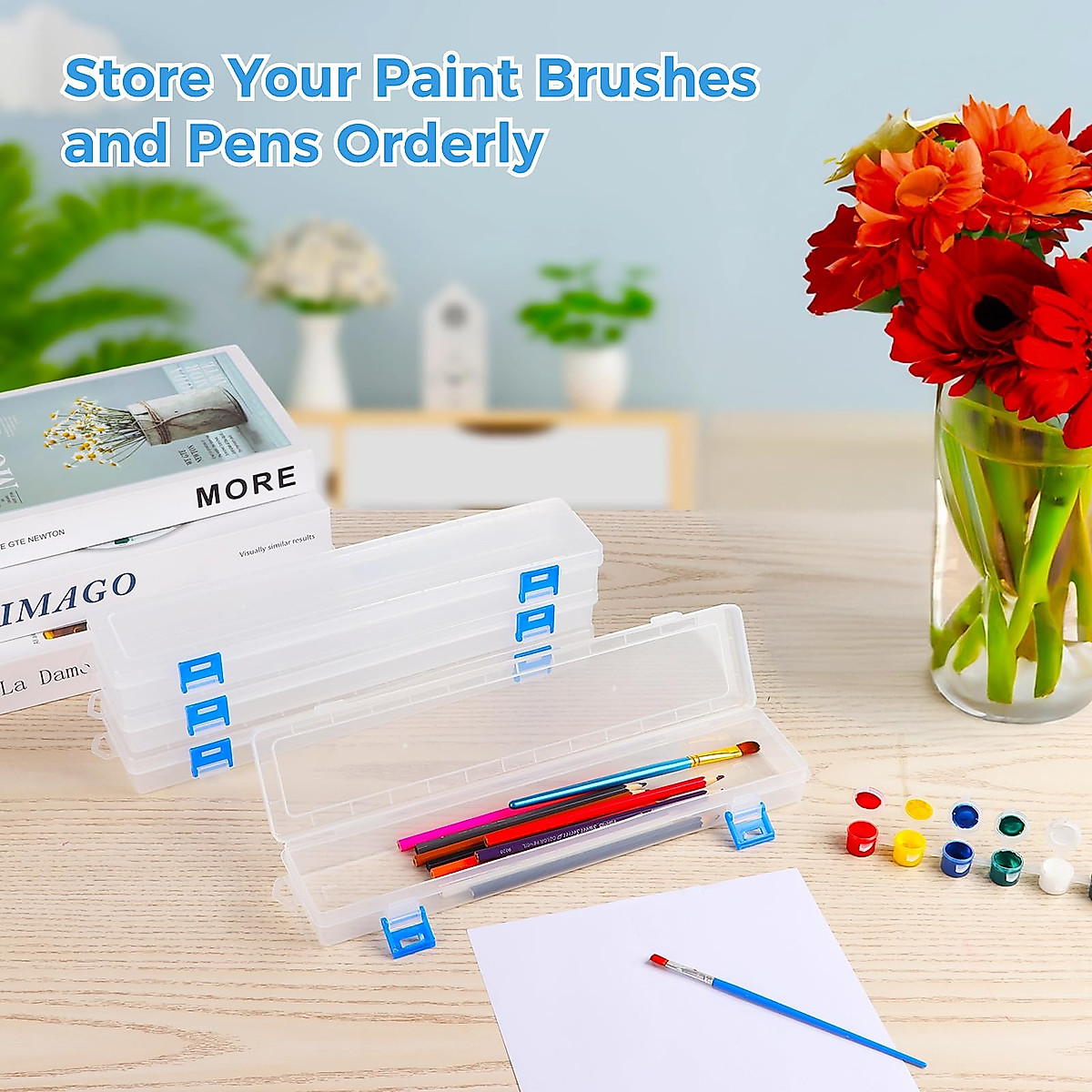 Tideme 12 PCS Paint Brush Holders, Translucent Plastic Paint Brush Case Organizers, Drawing Tools Storage Box Long Paint Brush Cases, Watercolor Pen Pencil Containers with Buckle Closure