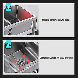 EMENG Commercial Sink with Faucet Stainless Steel Catering Sink Multifunctional Kitchen Wash Sink, Removable Storage Shelf, 2.0mm Thick, 56×46×75cm